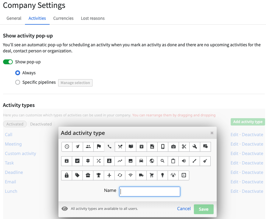 Creating custom activity types - Knowledge Base | Pipedrive